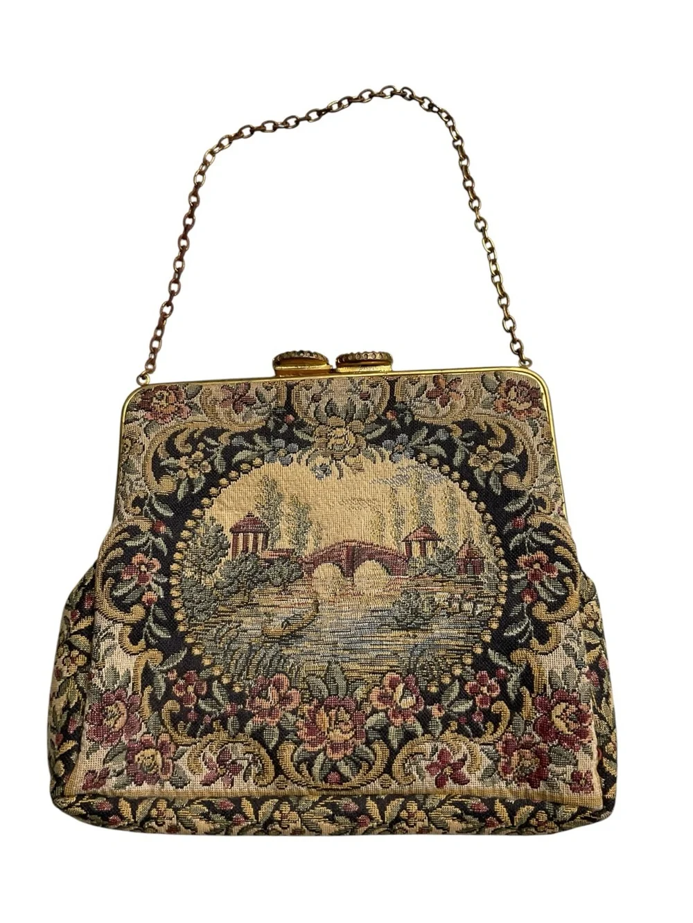 Bags | Vintage Made In France Tapestry Handbag Scenic Bridge Floral ...